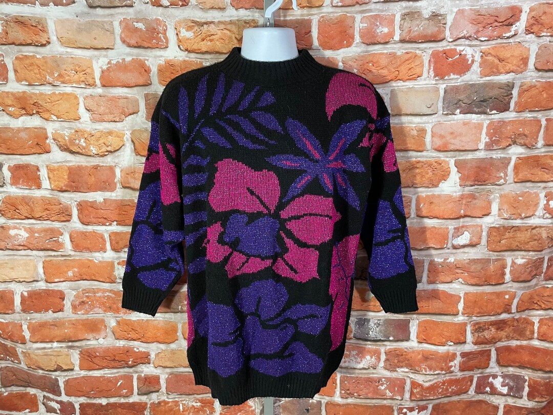 Vintage 80s Shimmer Flowers Sweater Long Fit Sz 20w Cute Floral Grunge ...