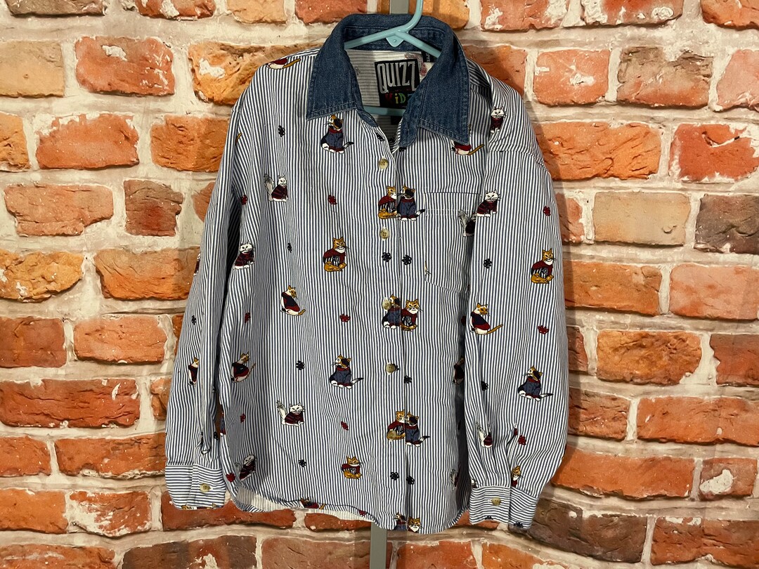 Cute 90s Striped All Over Print Cats Button Down - Sz Youth Girls L - Vintage Denim Collar Long ...