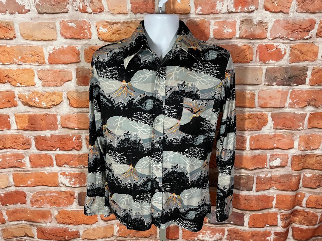 Vtg 70s Funky Volcano Print Longsleeve Dart Collar Polo Shirt - Sz M ...
