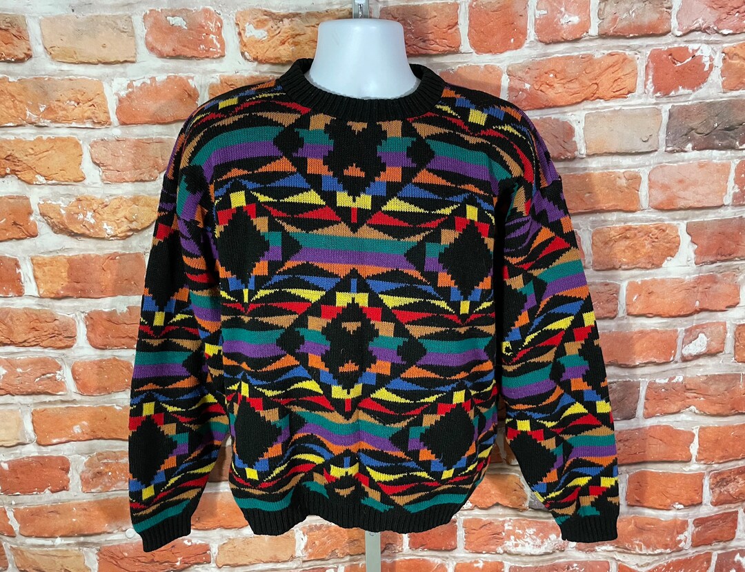 Vintage Funky 80s 90s Rainbow Aztec Sweater - Fits L - Geometric ...