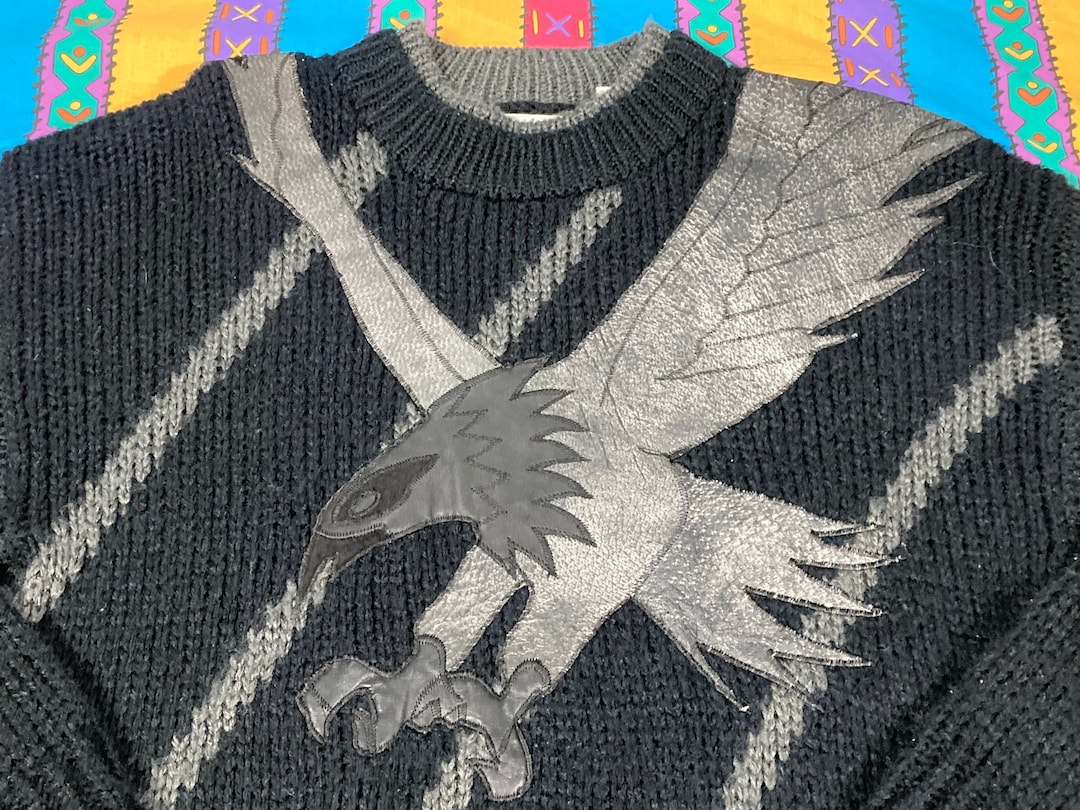 Suéter vintage loco con patchwork de CUERO águila gritando sz M factura ...