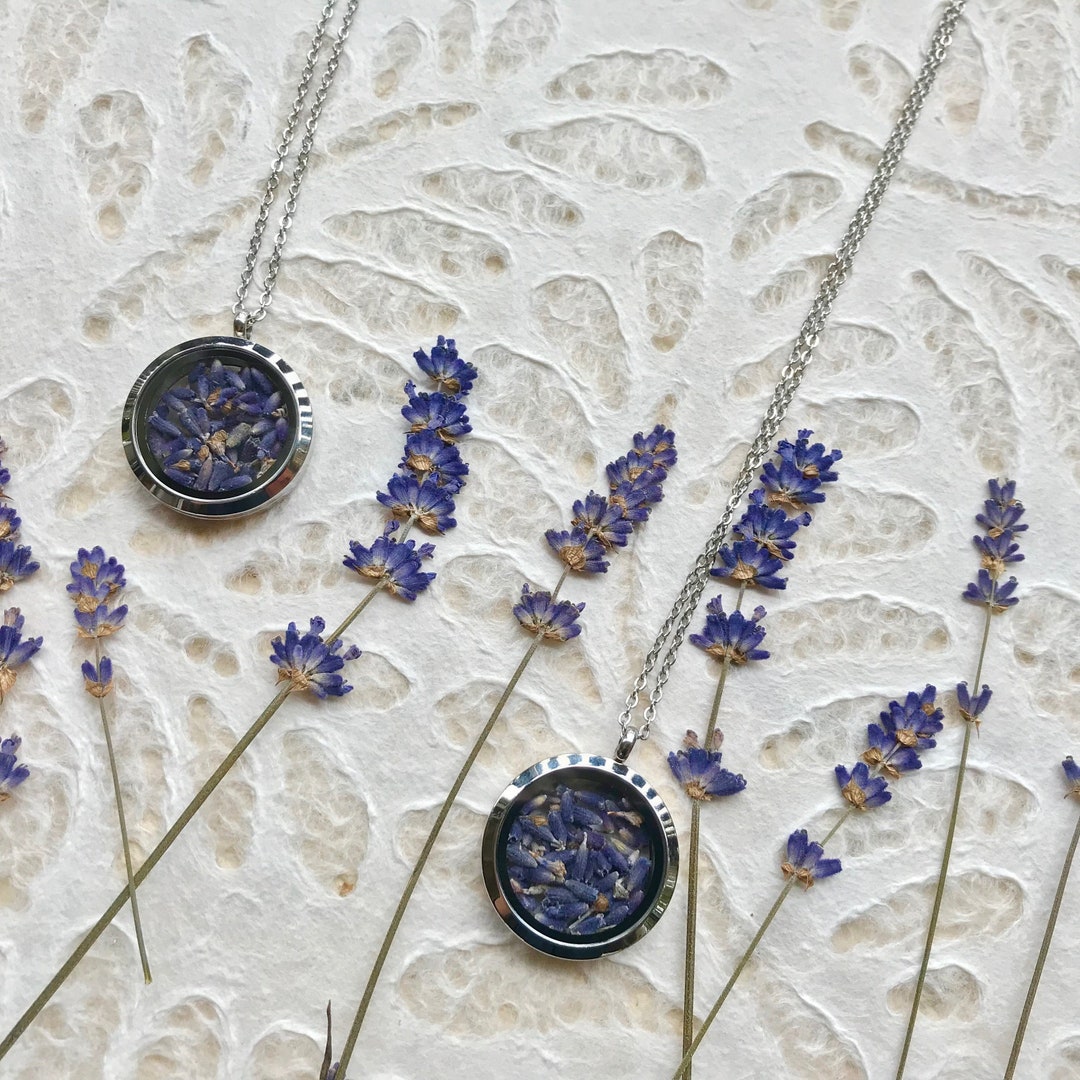 Real Lavender Locket Necklace: Stainless Steel Pendant, Organic Jewelry ...
