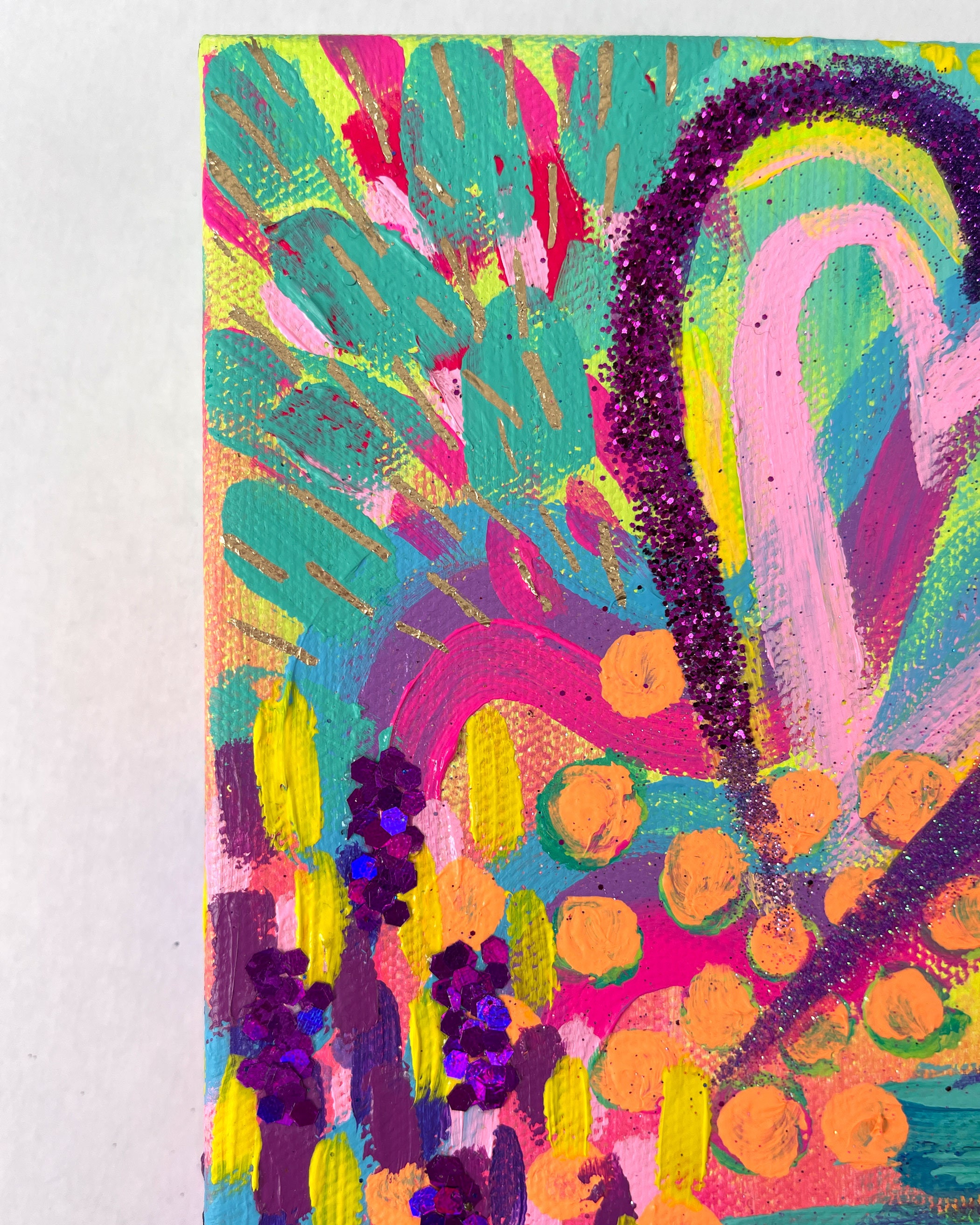 Fun and Happy Original Painting on Canvas With Hearts and Glitter, 5"x7 ...