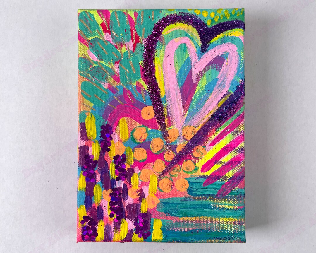 Fun and Happy Original Painting on Canvas With Hearts and Glitter, 5"x7 ...