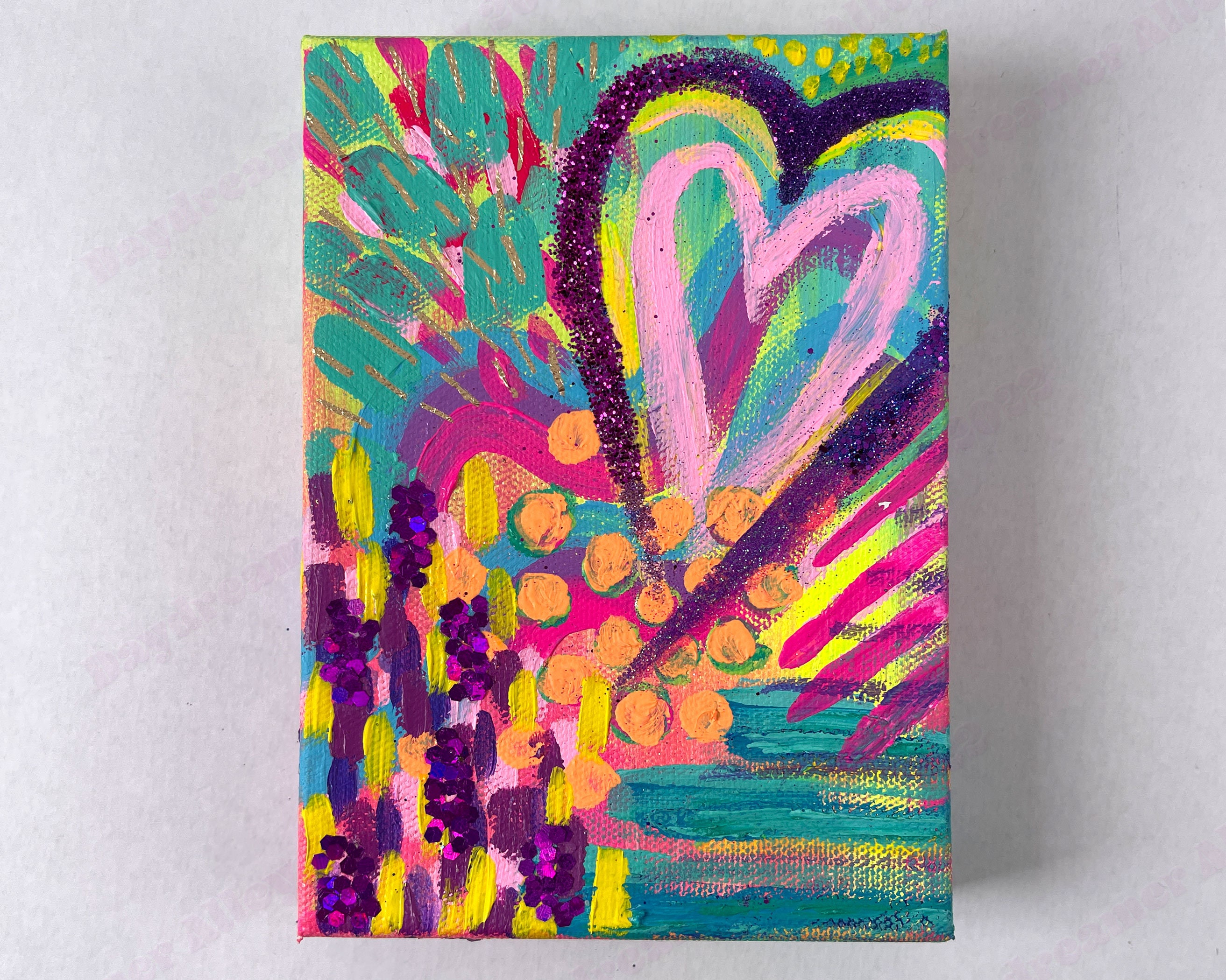 Fun and Happy Original Painting on Canvas With Hearts and Glitter, 5"x7 ...