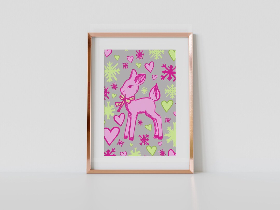 Winter Fawn Art Print: Vintage Pink & Green Illustration - Etsy