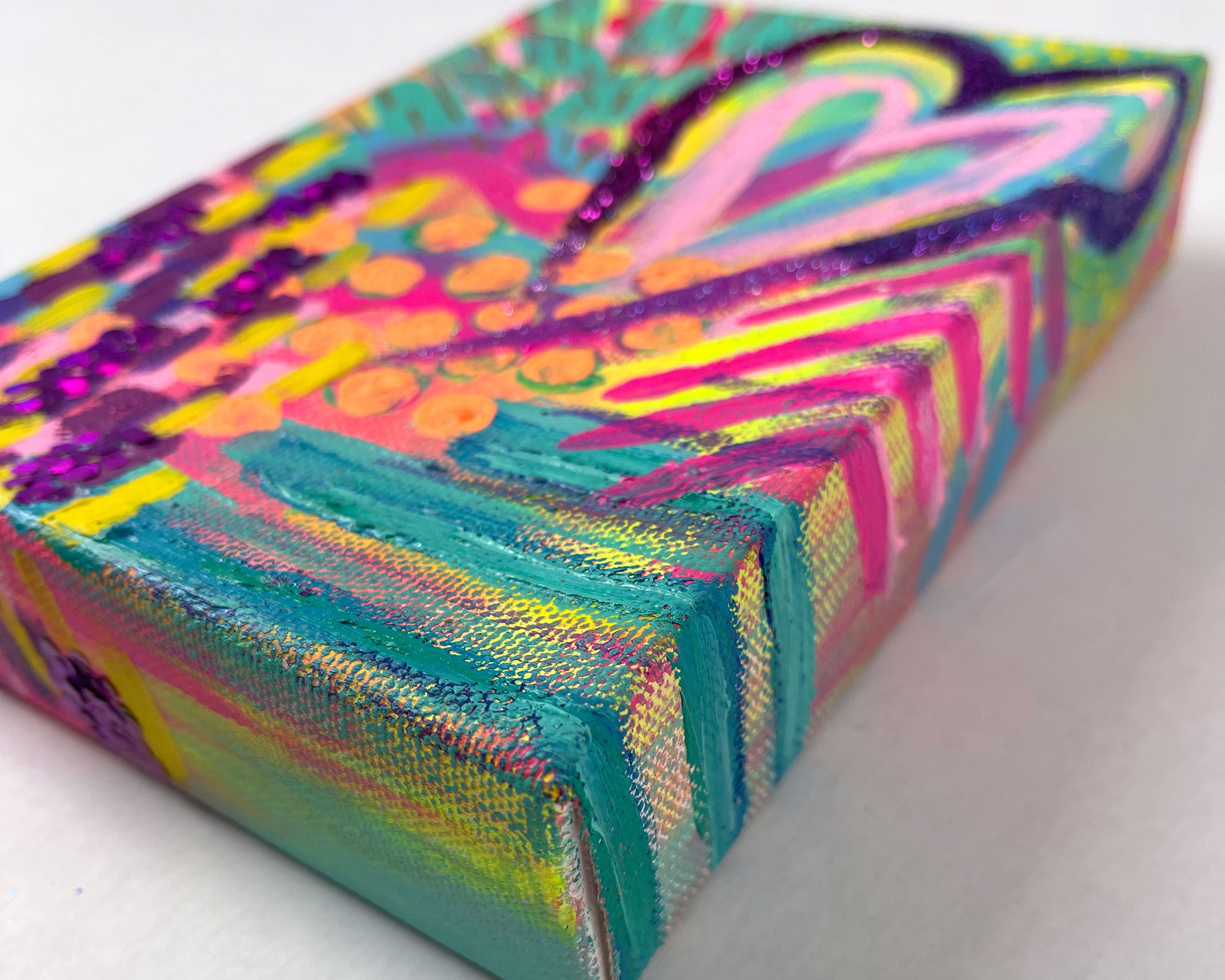 Fun and Happy Original Painting on Canvas With Hearts and Glitter, 5"x7 ...