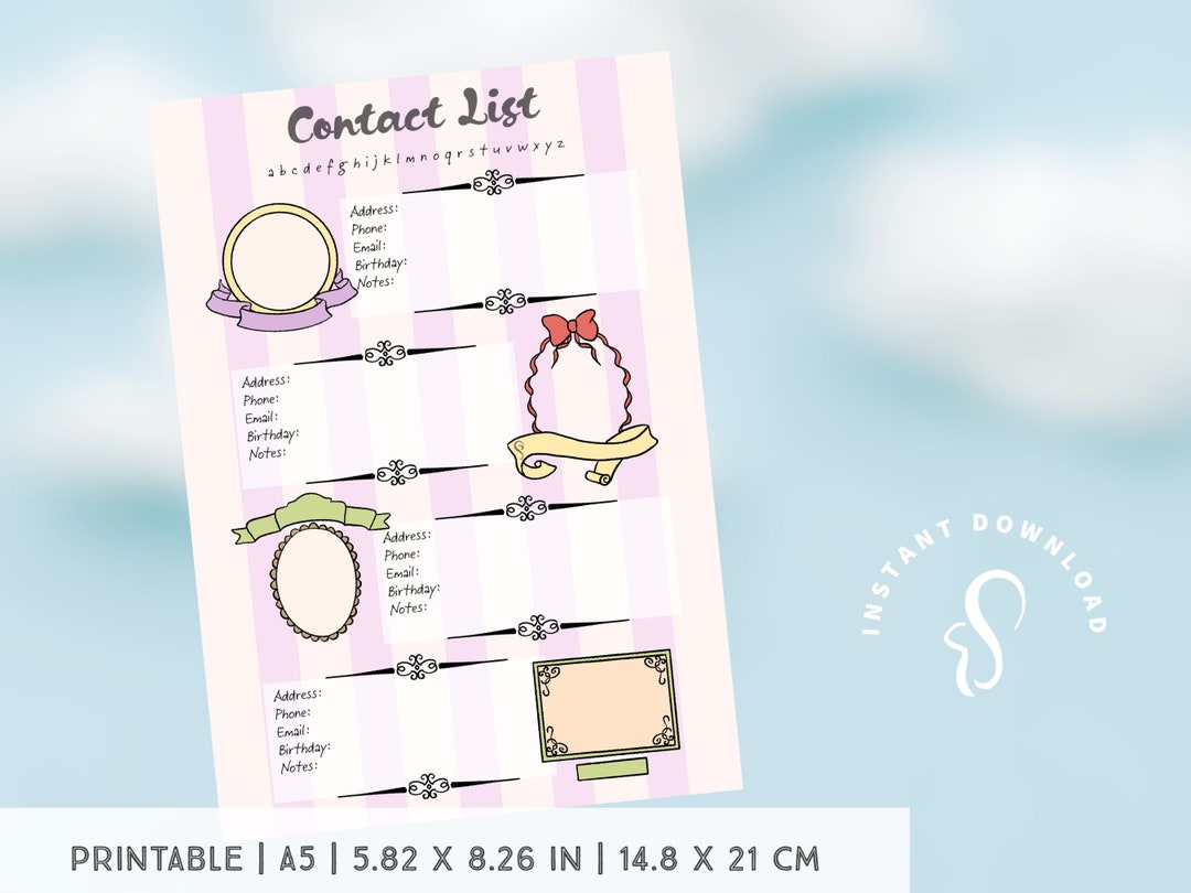 Fun Hand-drawn Contact List | A5 Printable | Address Phone Book ...