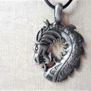 Dragon Necklace, Pewter Dragon Head Pendant on Leather Cord, Dragon ...