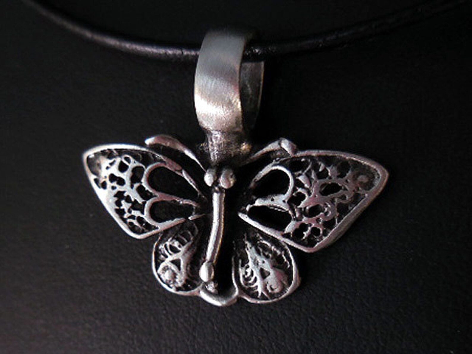 Butterfly Necklace Pewter Butterfly Pendant Leather Cord | Etsy