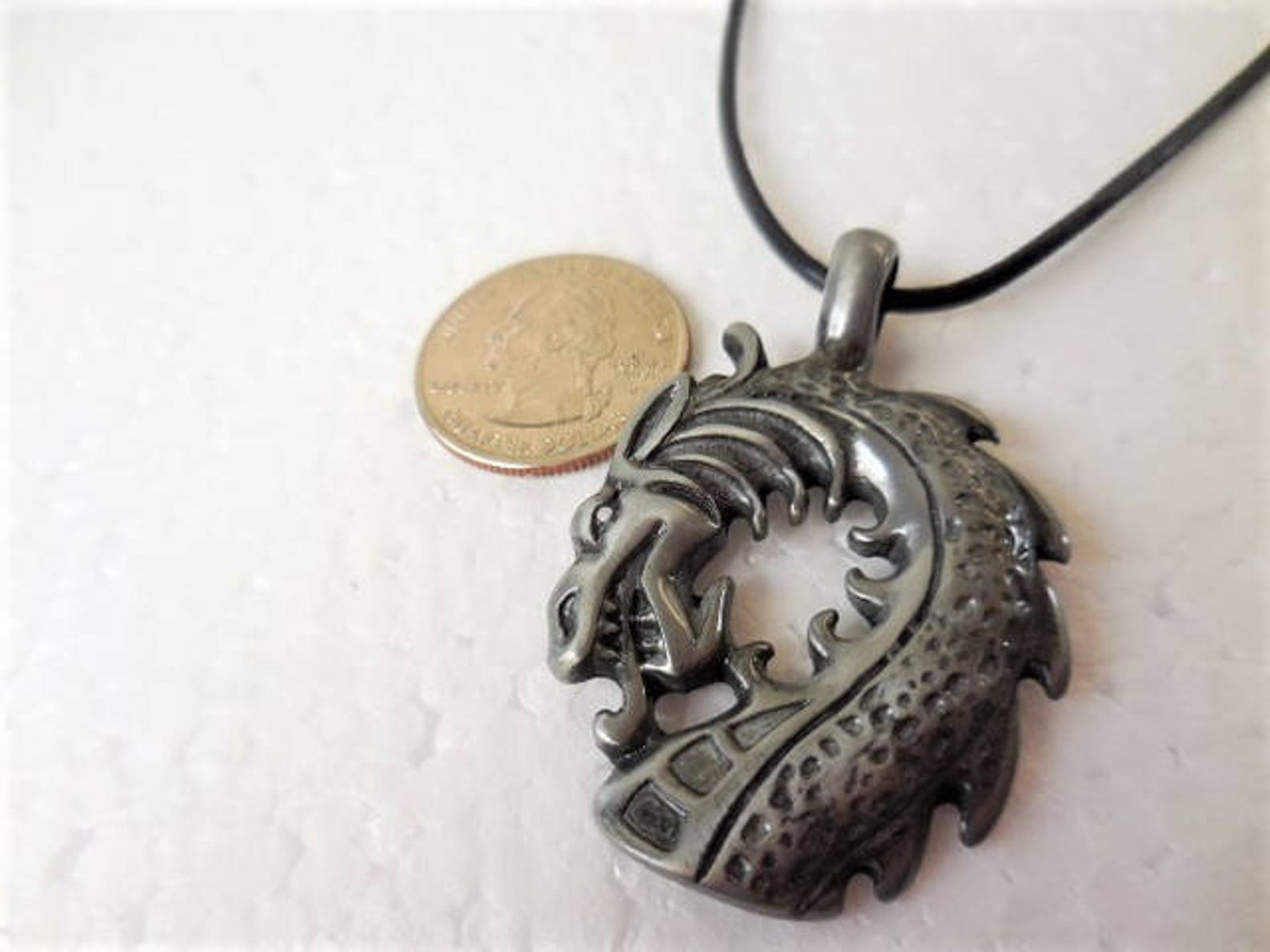 Dragon Necklace, Pewter Dragon Head Pendant on Leather Cord, Dragon ...