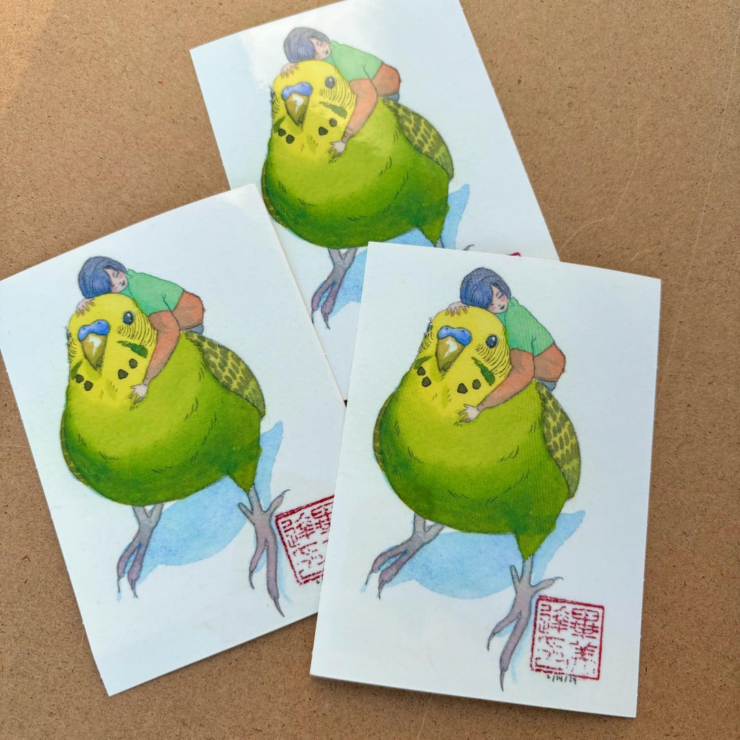 Giant Green Budgie Parakeet With Girl - Vinyl Sticker - Etsy