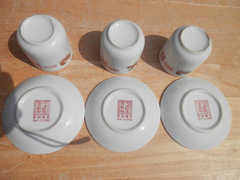 3 Saki Cups With 3 Saucers Marked in Red | Etsy