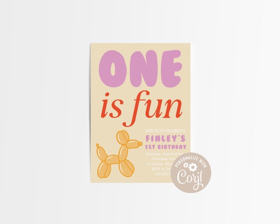 EDITABLE One is Fun Invitation, Yellow, Balloon Dog First Birthday ...