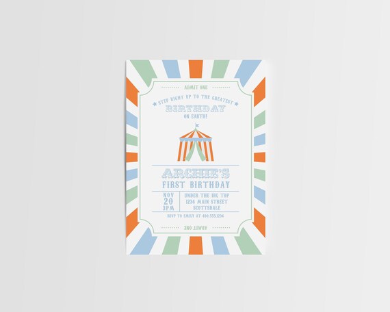 EDITABLE Circus Birthday Invitation, Carnival, First, Under the Big Top ...