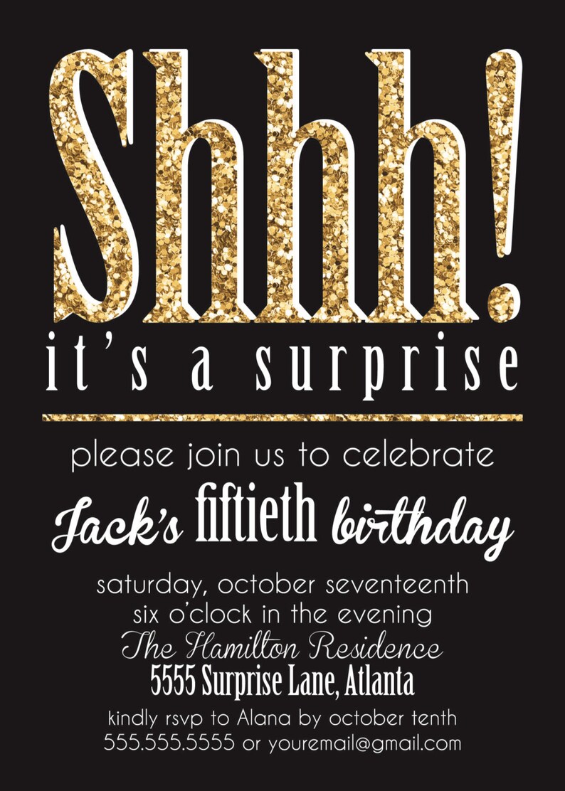 Suprise Party Invitation Black White Gold Birthday Invites Etsy