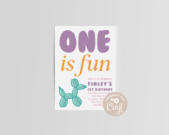 EDITABLE One is Fun Invitation, Balloon Dog First Birthday, Birthday ...
