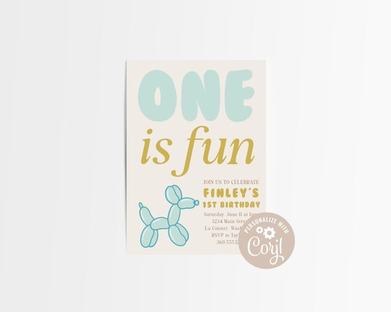 EDITABLE One is Fun Invitation, Balloon Dog First Birthday, Birthday ...