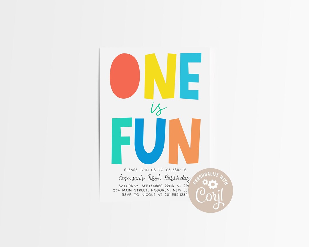 Editable One is Fun Birthday Invitation, Colorful Confetti (digital ...