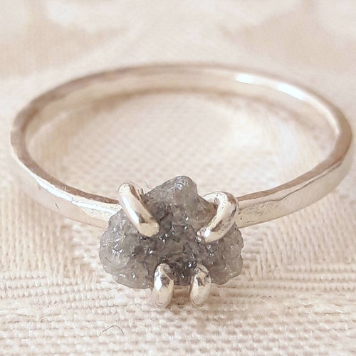 Raw Gray Diamond Halo Alternative Engagement Ring Rough Uncut - Etsy