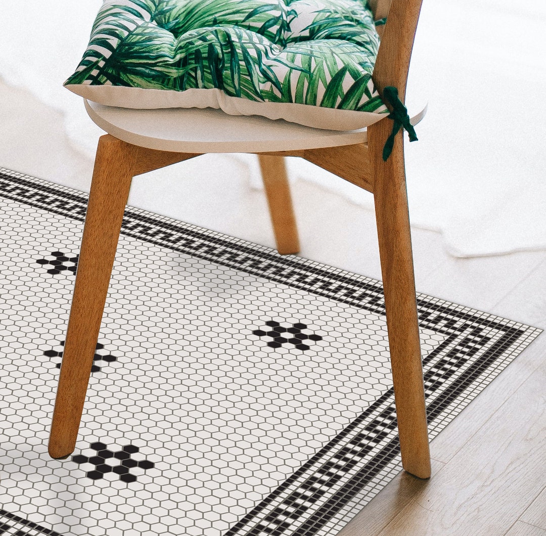 Black & White Mosaic Floor Runner, Tiled Squares PVC Kitchen Rug, Vinyl ...