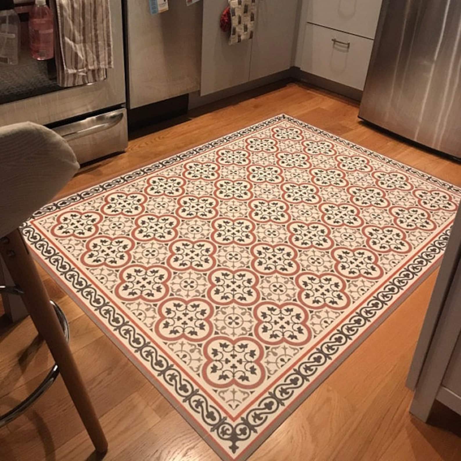 Oriental Kitchen Mat, Orange Gray PVC Floor Runner, Moroccan Tile ...