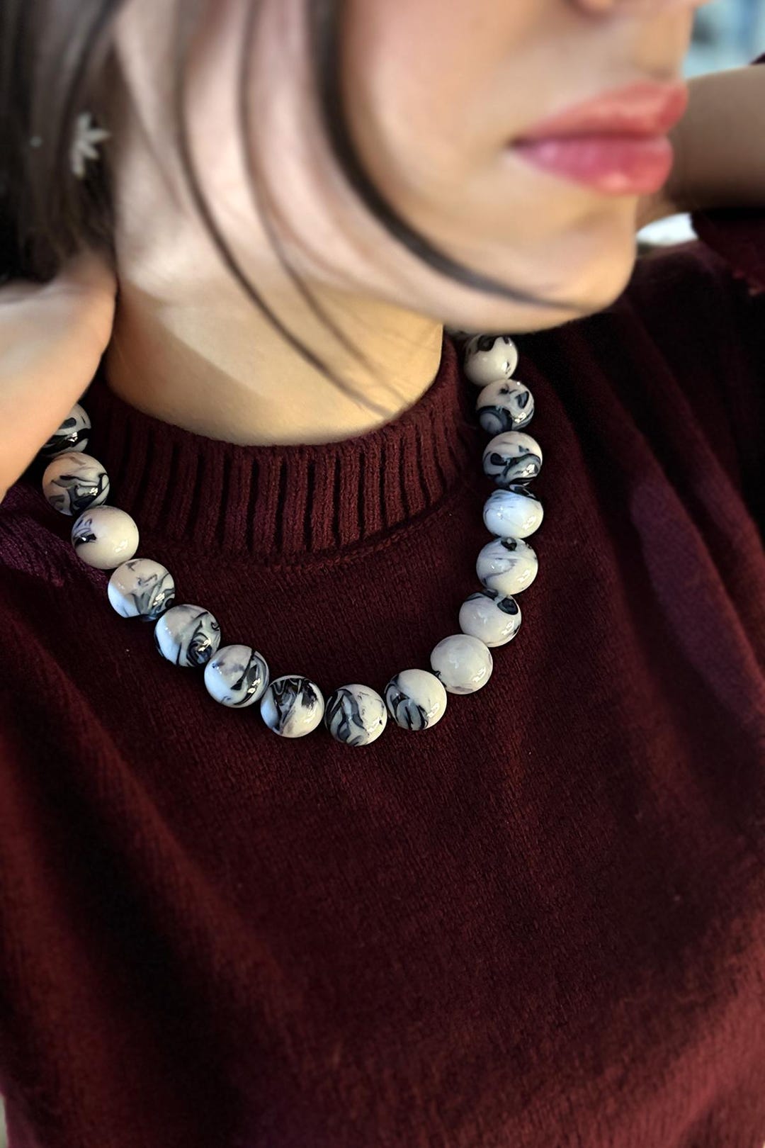 Chunky Big Bead Necklace – 20mm Colorful Marble Look Beads, Statement ...