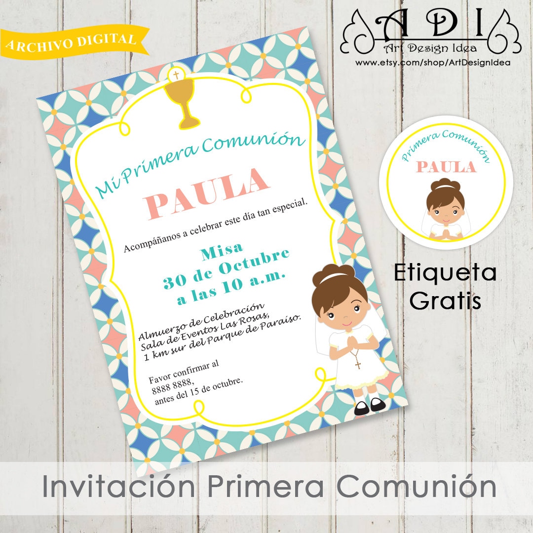 First Communion Invitation Girl Spanish English or Italian Digital File ...