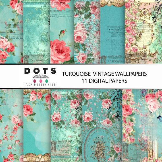 Turquoise Vintage Wallpapers Digital Scrapbooking Paper Junk - Etsy