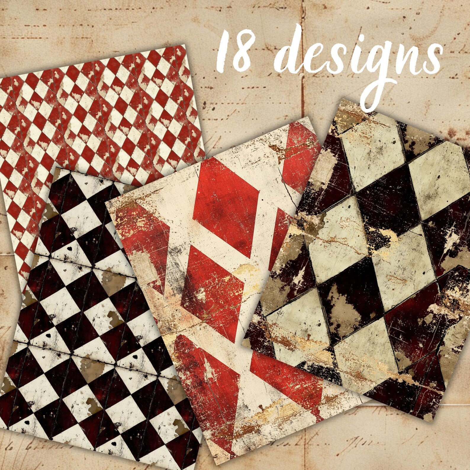 23 Vintage Harlequin Papers Printable, Distressed Diamond Pattern ...