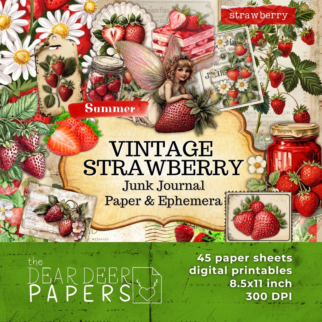 Strawberry Junk Journal Paper and Ephemera, 45 Digital Vintage ...