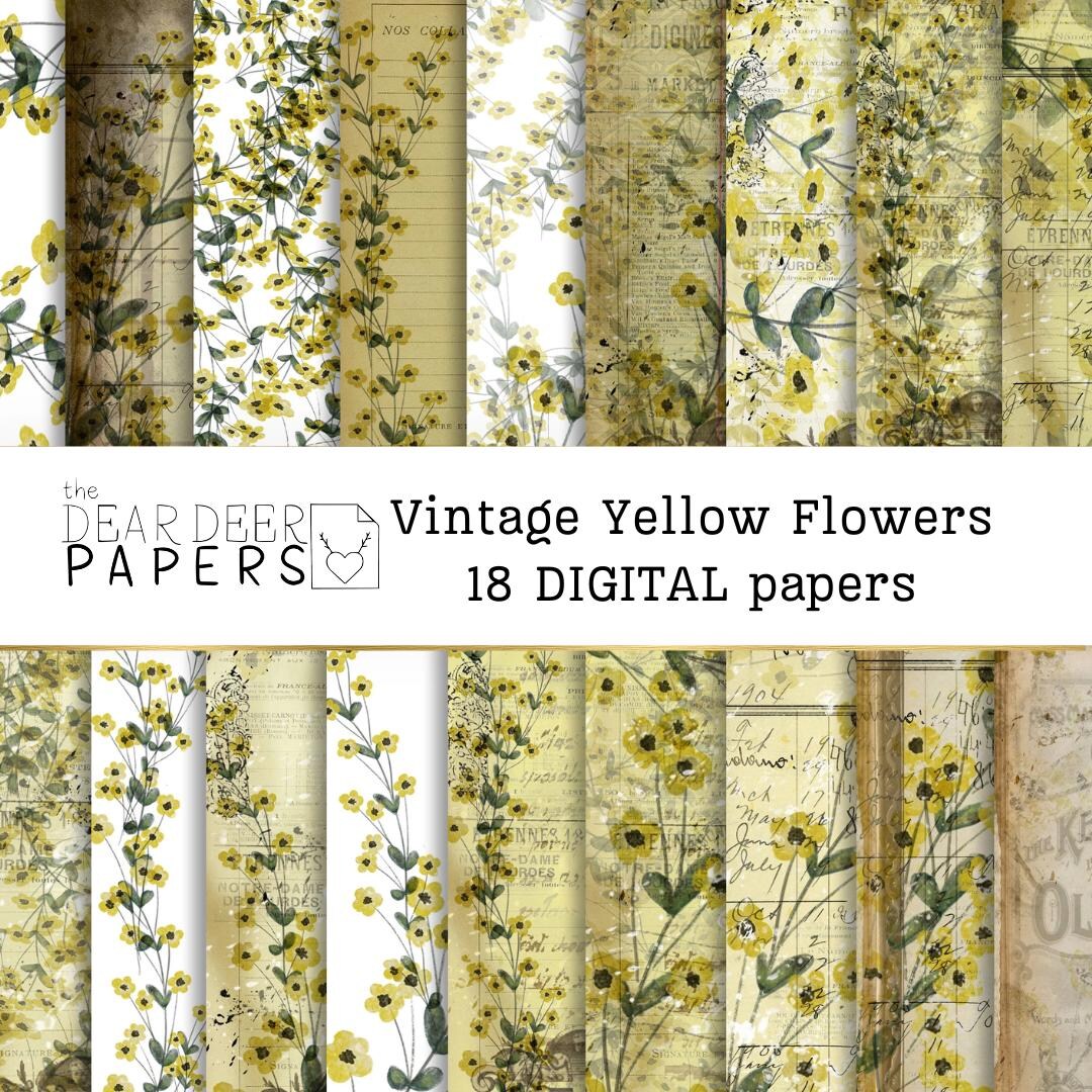 Yellow Vintage Flowers Paper, Digital Journal Pages, Printable ...
