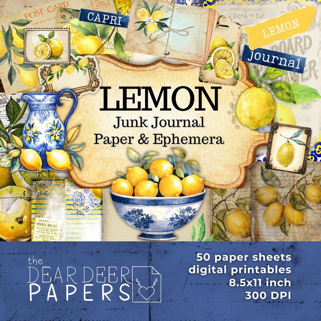 Lemon Junk Journal Kit – 45 Printable Papers & Ephemera | Capri ...