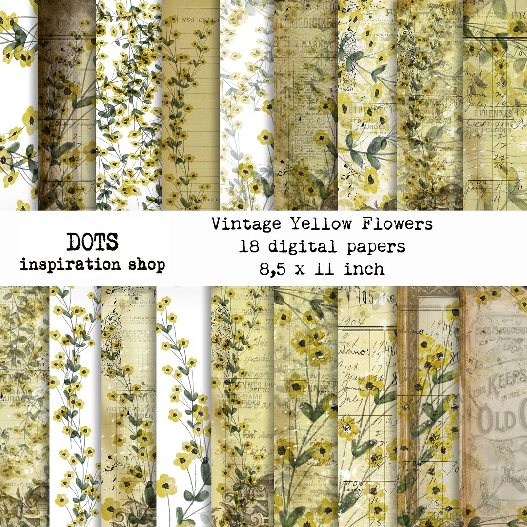 Yellow Vintage Flowers Paper, Digital Journal Pages, Printable ...