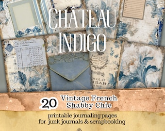 Vintage French Junk Journal Pages, Shabby Chic Indigo Blue Printable ...