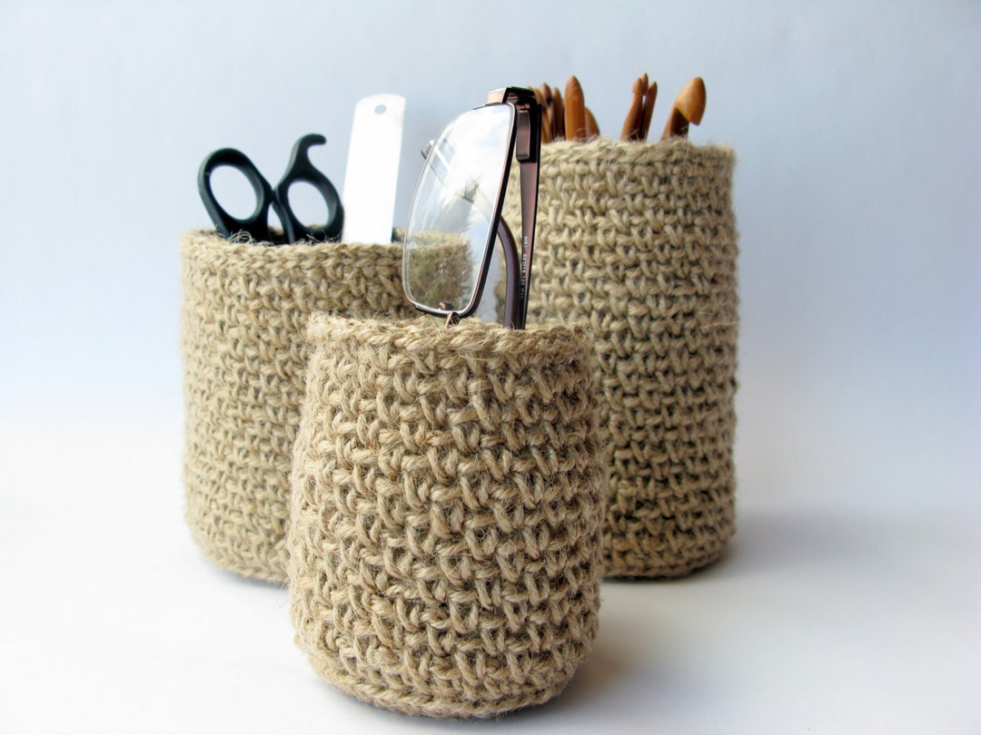 Office Organizer / Crochet Jute Covered Pot / 100 % Natural Materials ...