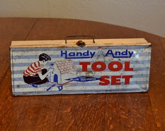 Handy Andy Metal Tool Box With Hinged Lid / Vintage Children's Tool Kit ...