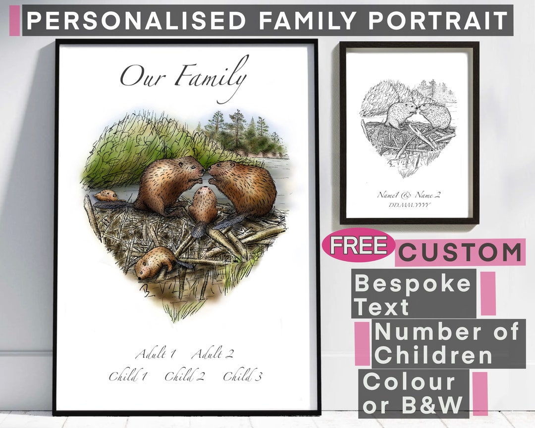 Beaver Family Portrait. Available With Custom Names, Personalised Text ...