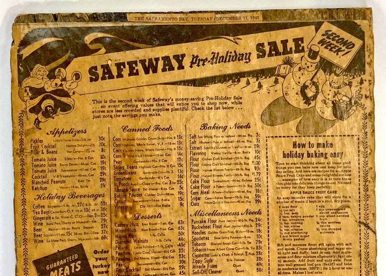 Rustic 1945 Christmas Grocery Ad Decoupage Board | Newsprint Holiday ...