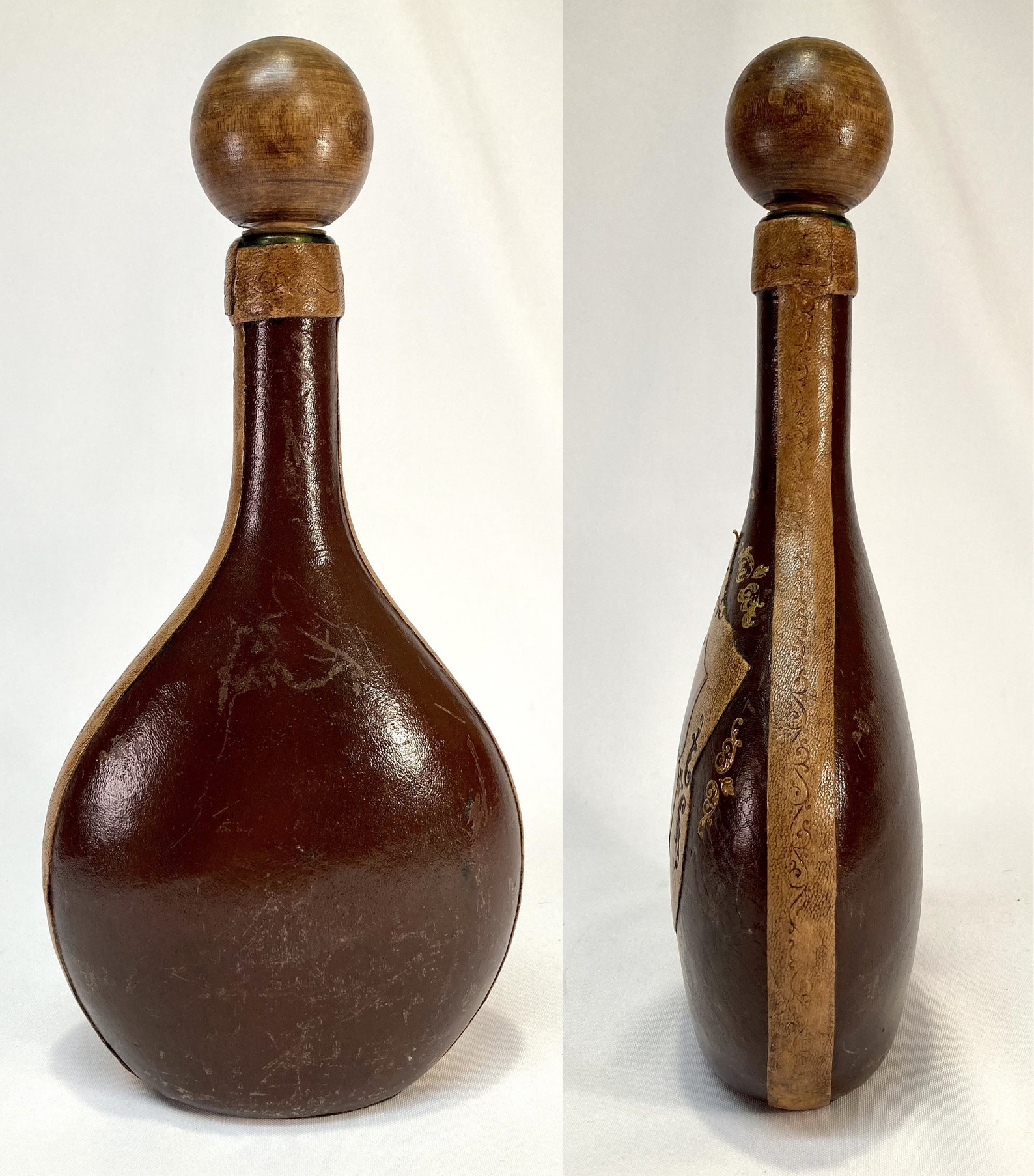 Leather Covered Glass Bottle W/wood Stopper Medieval/renaissance Decor ...
