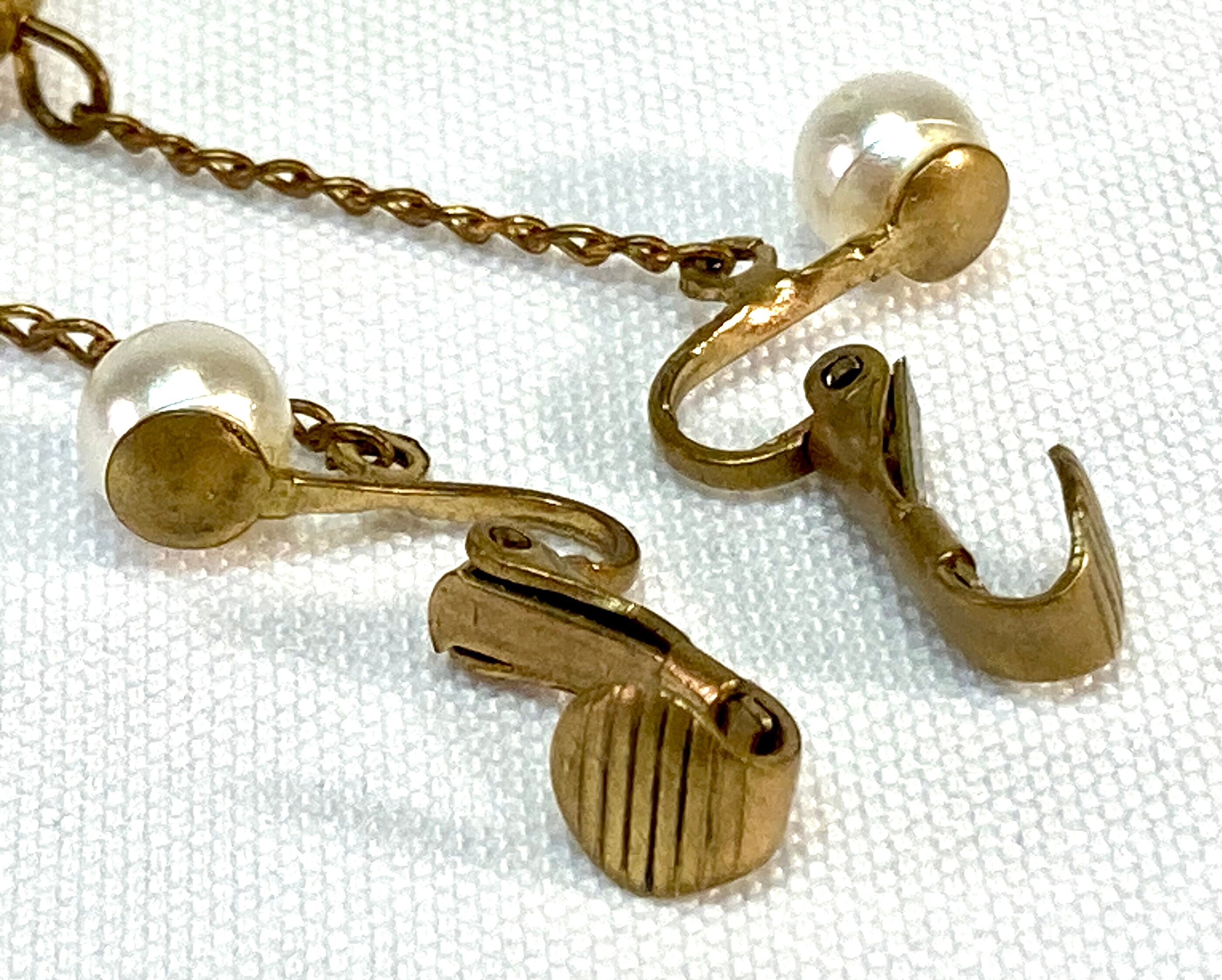 Vintage Clip-on Faux Pearl & Brass Chain Dangle Earrings | Classic ...
