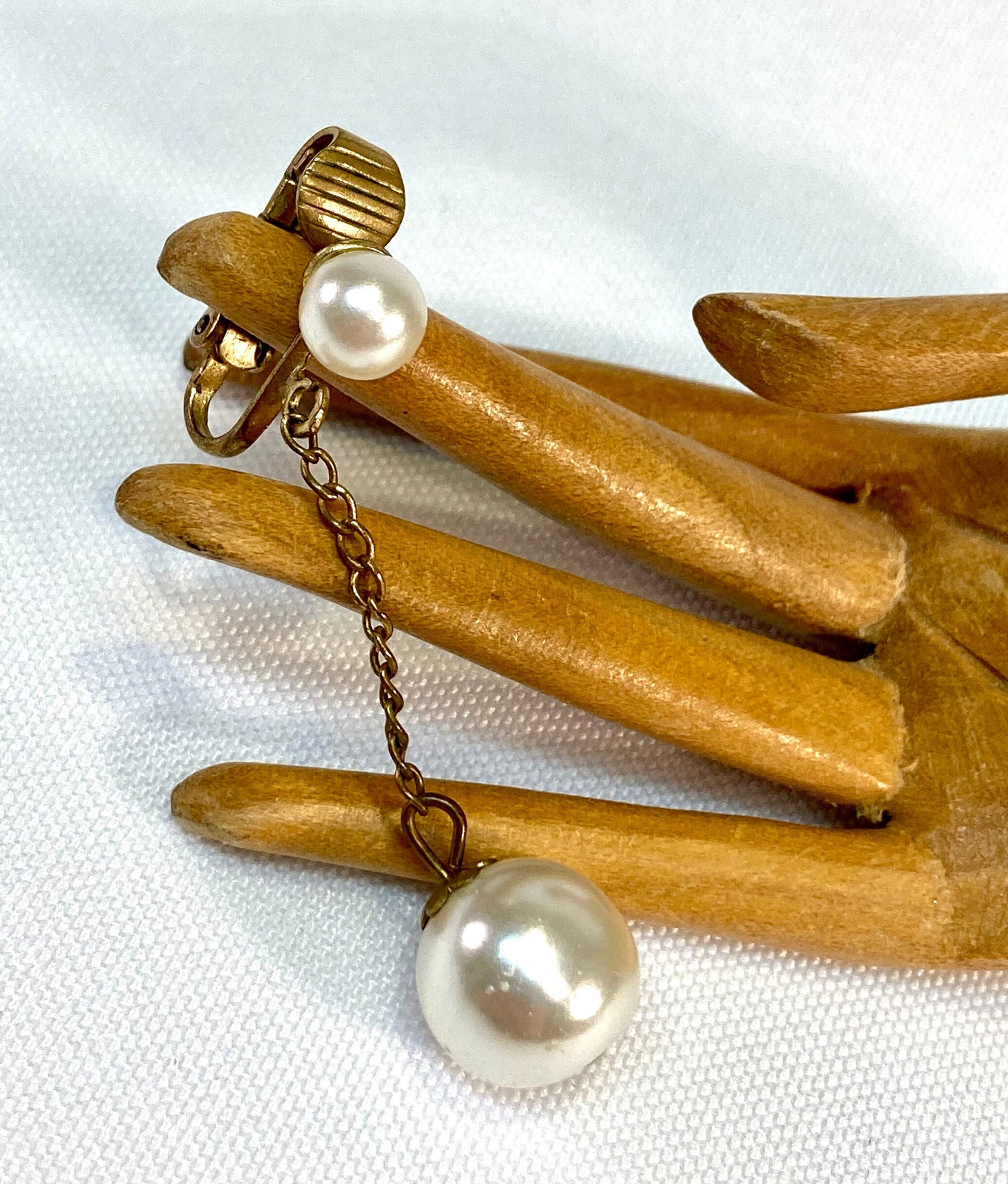 Vintage Clip-on Faux Pearl & Brass Chain Dangle Earrings | Classic ...