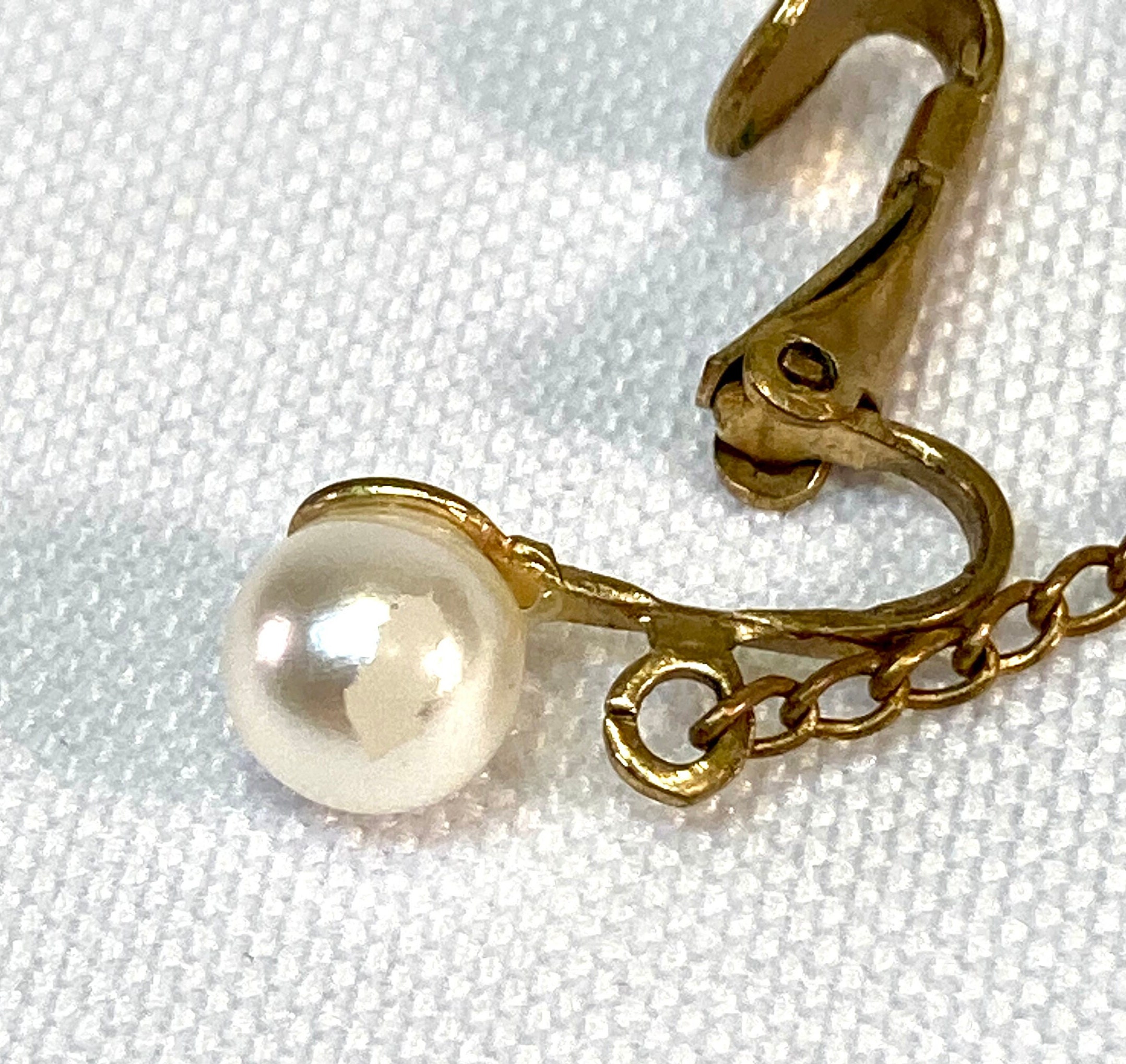 Vintage Clip-on Faux Pearl & Brass Chain Dangle Earrings | Classic ...