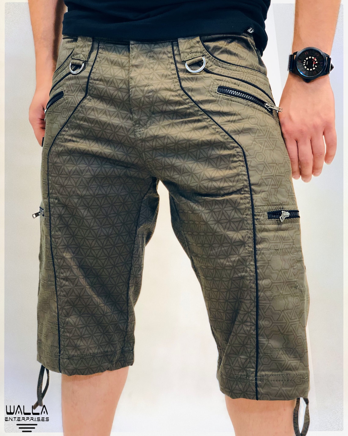 Pythagoras FOL Men's NY Shorts Khaki Green Zip Pockets 3/4 Pant Men ...