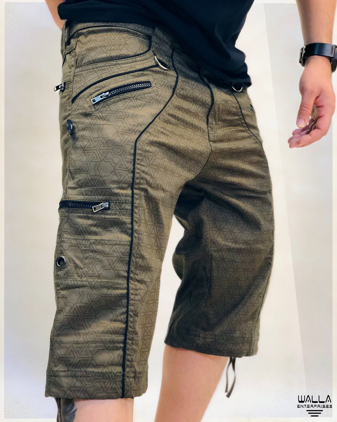 Pythagoras FOL Men's NY Shorts Khaki Green Zip Pockets 3/4 Pant Men ...