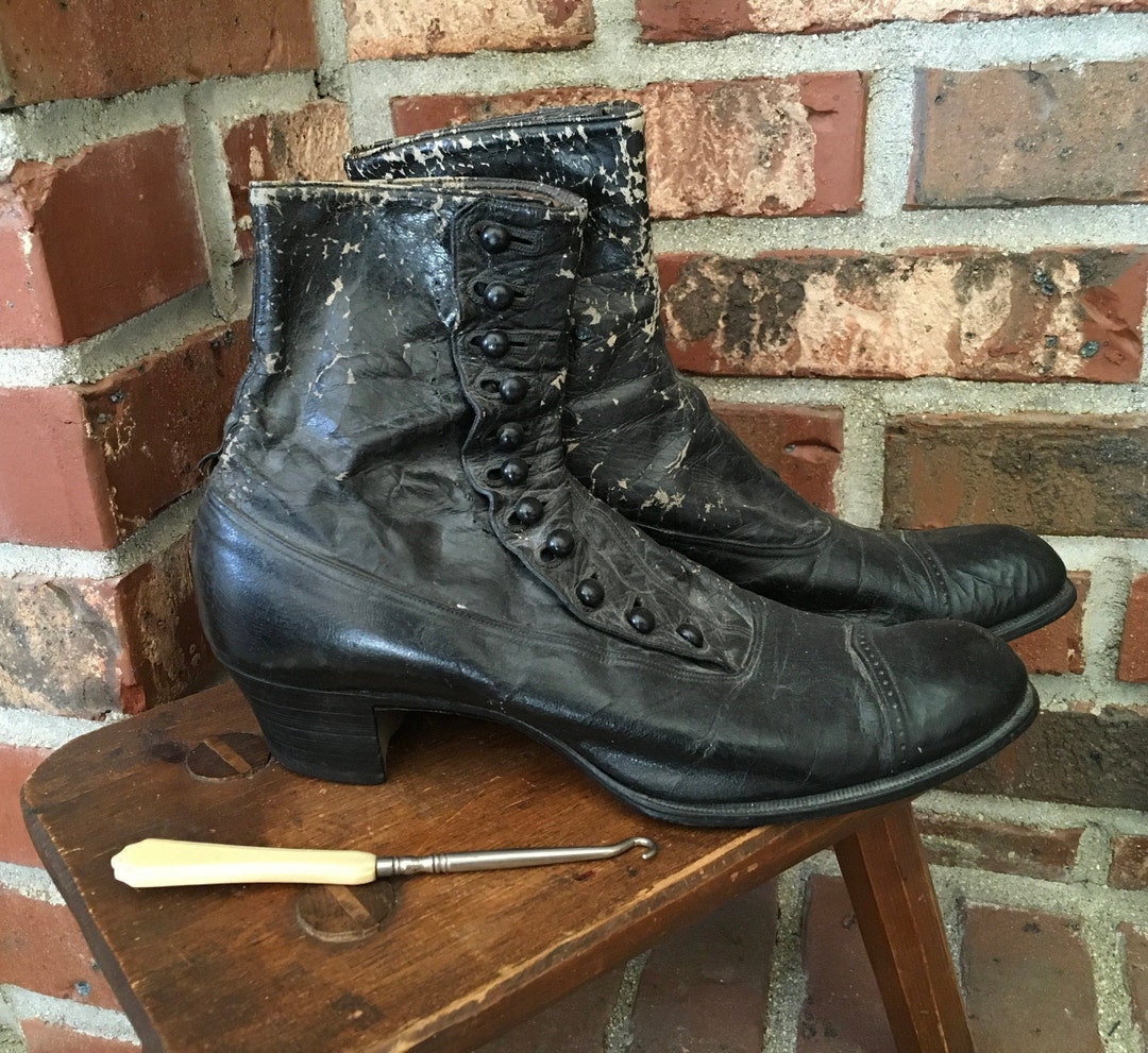 Antique Victorian Boots Black Leather Ladies Button Boots With Button ...