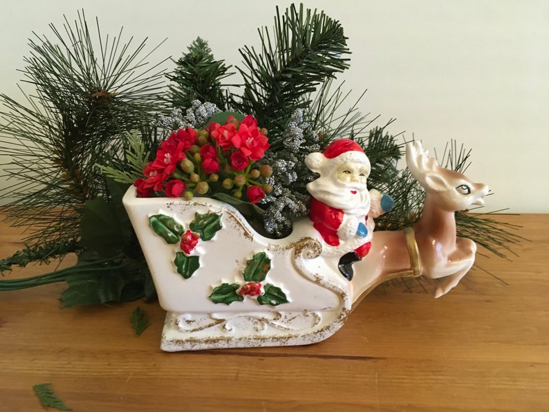 Reindeer pulling Santa in his Sleigh Christmas Planter Made in | Etsy