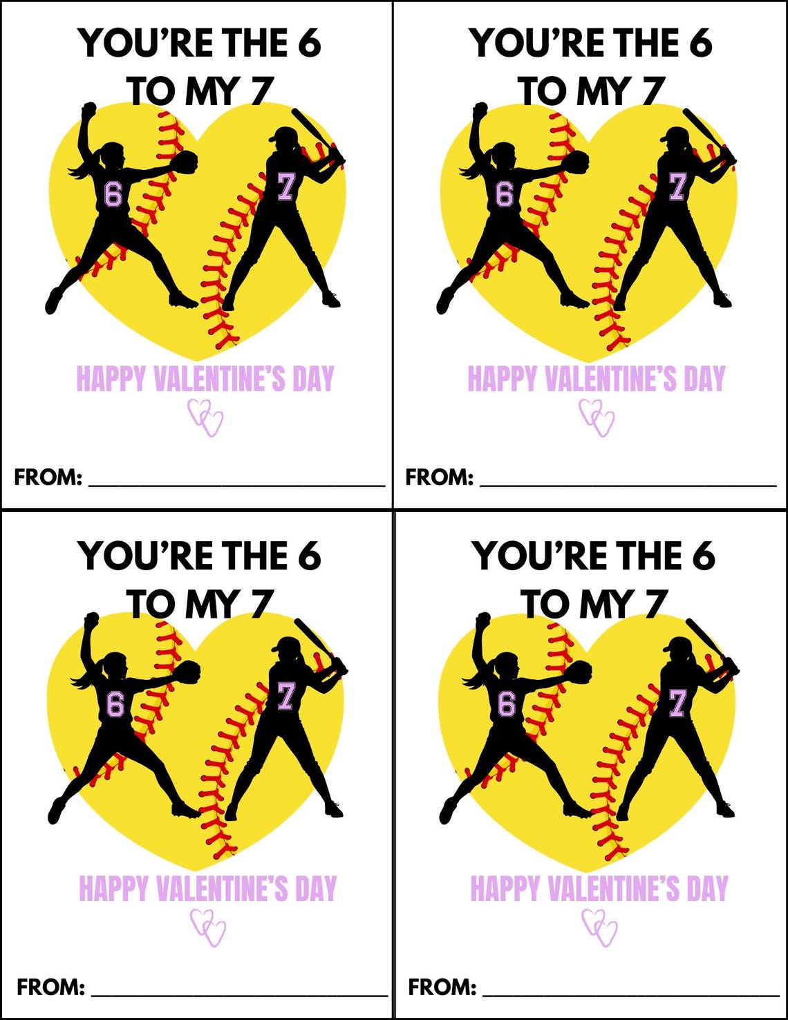 Softball Valentine's Day Cards | You're the 6 to My 7 (instant Download ...
