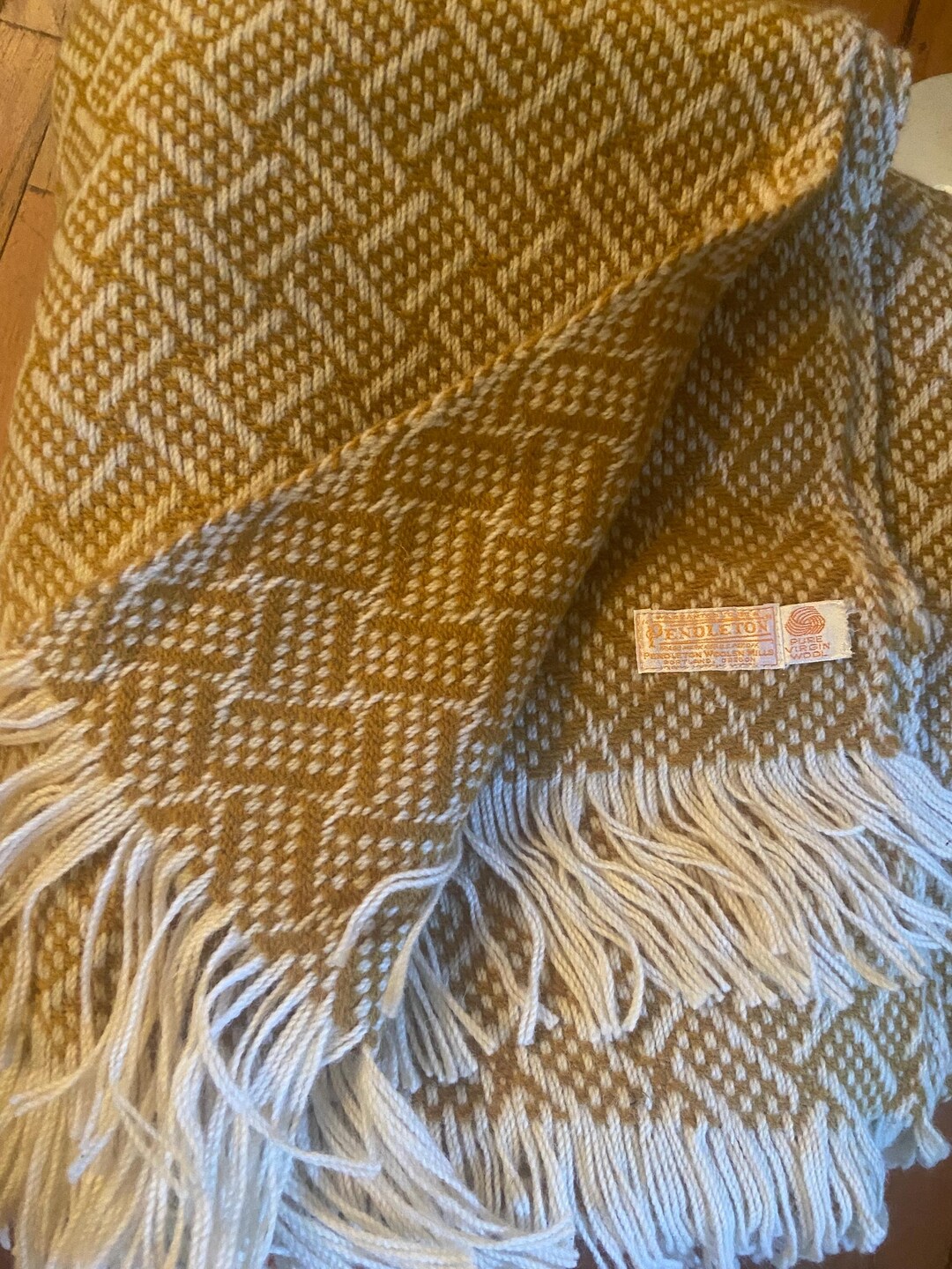 1950s Pendleton Virgin Wool Stadium Blanket FALL Mustard / Gold Ivory ...