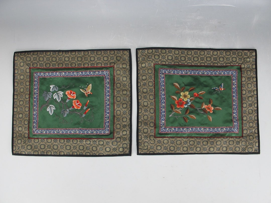 A Pair of Chinese Handmade Cloth Embroidery Bird Flower Butterfly ...
